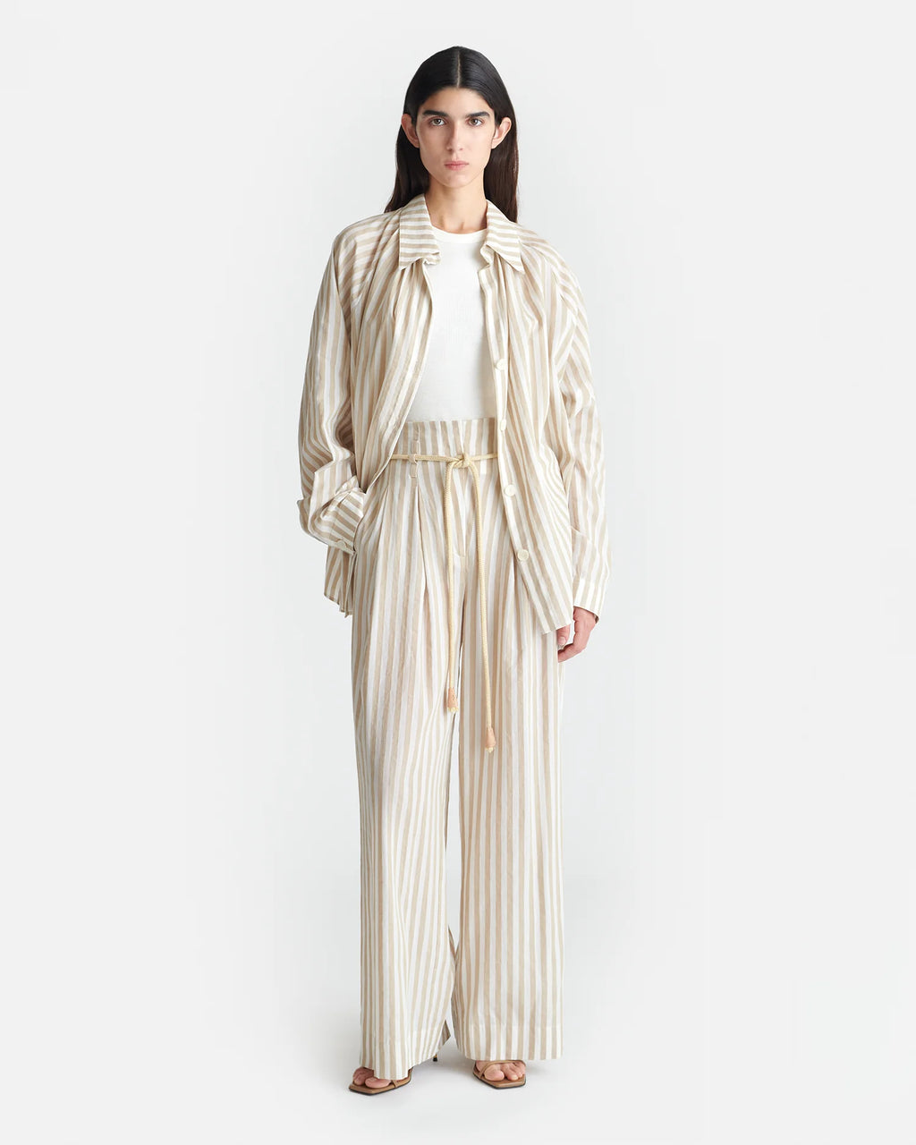 Nanushka Nevada Striped Belted Linen Pants - Beige/White – The Fold